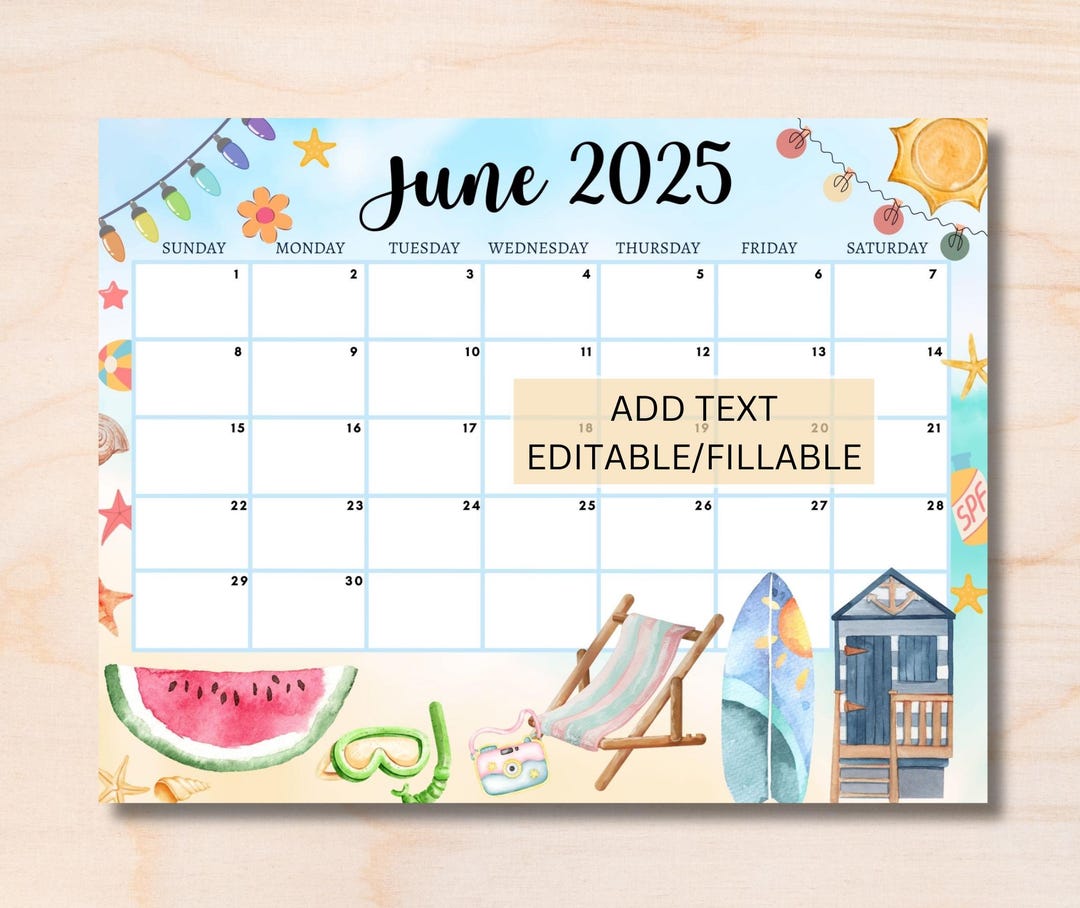 EDITABLE June 2025 Calendar, Cute Summer Calendar With Beach, Printable ...