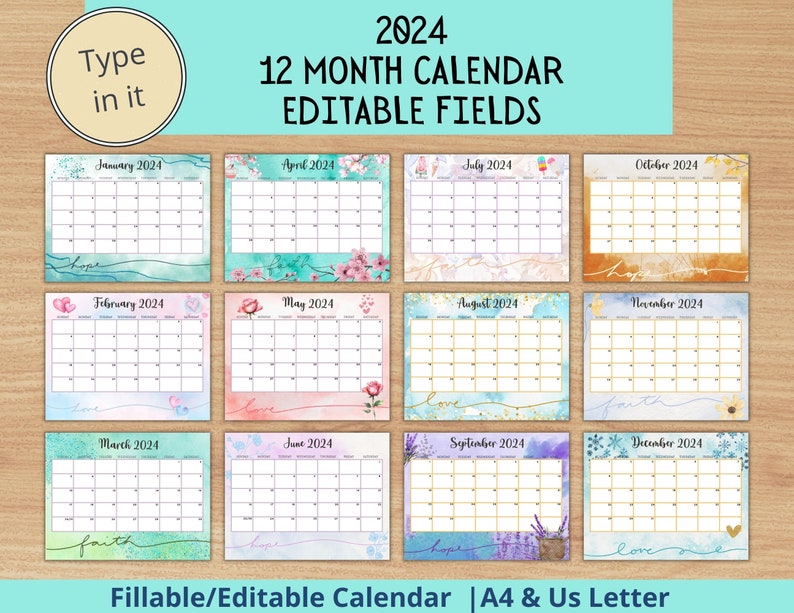 EDITABLE Monthly Calendar 2024 Bundle, Printable Fillable 2024 Calendar ...