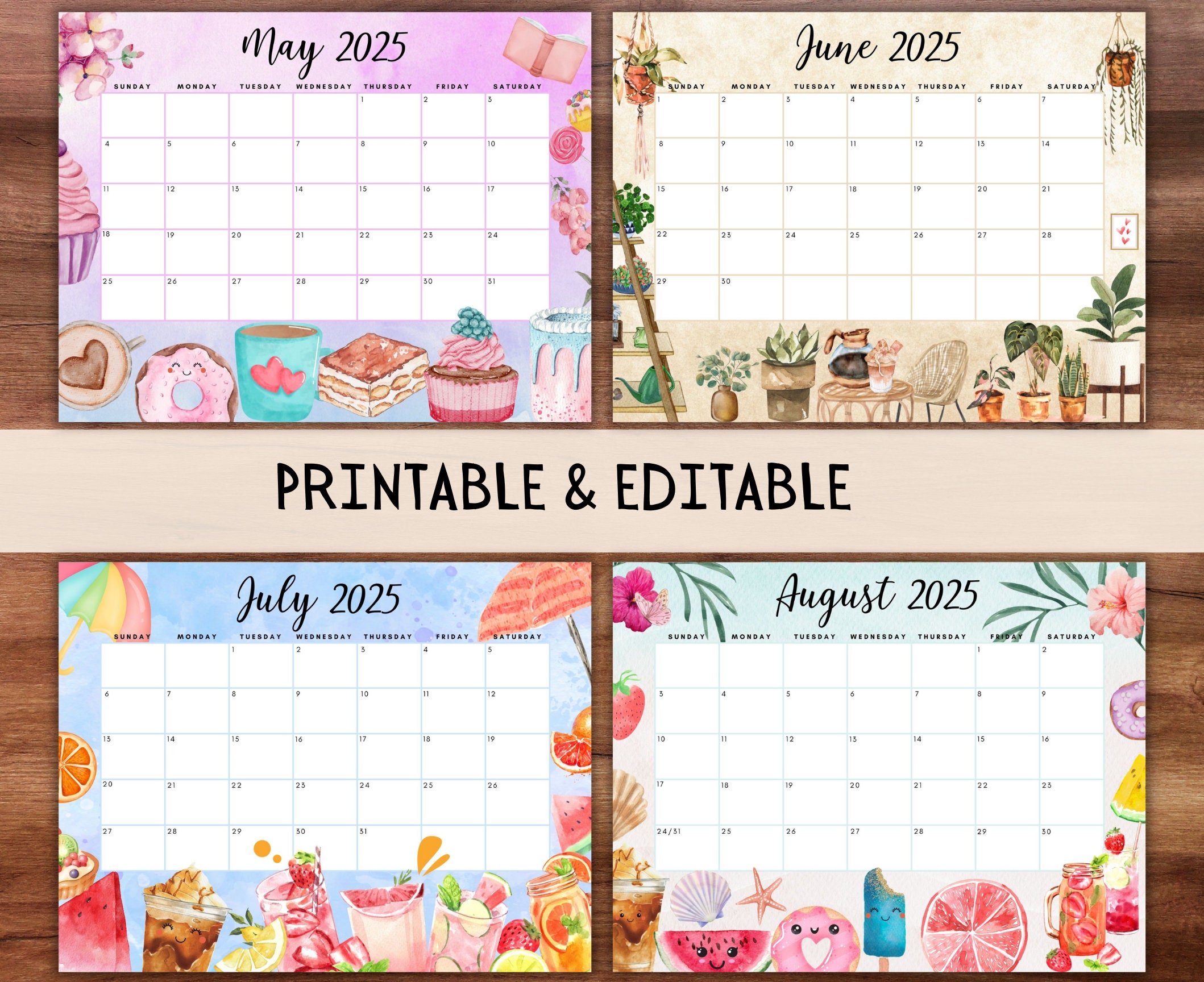 2025 EDITABLE Printable Watercolor Calendar, Printable Fillable Monthly ...