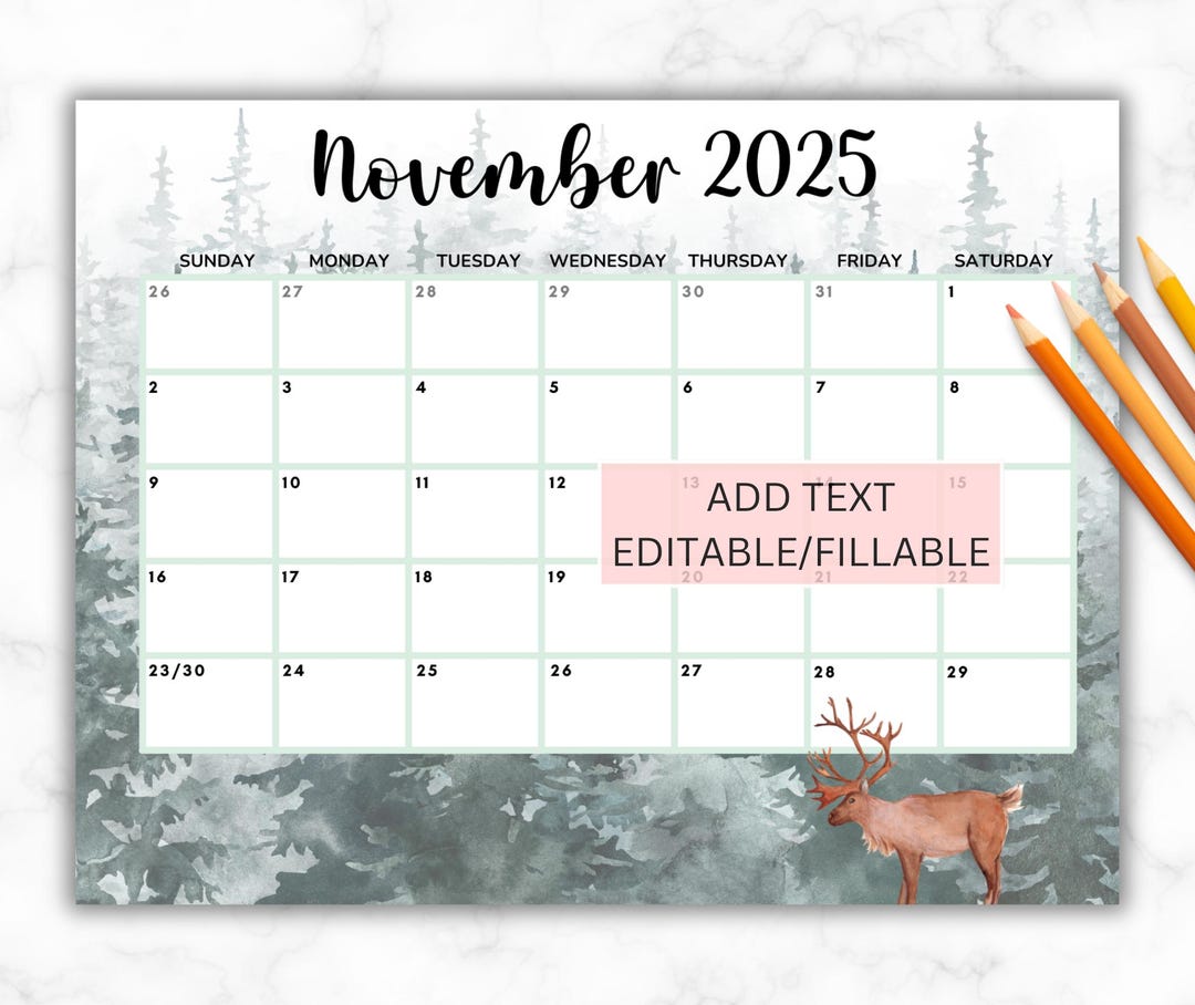 Calendario de noviembre de 2025 editable, calendario de otoño ...