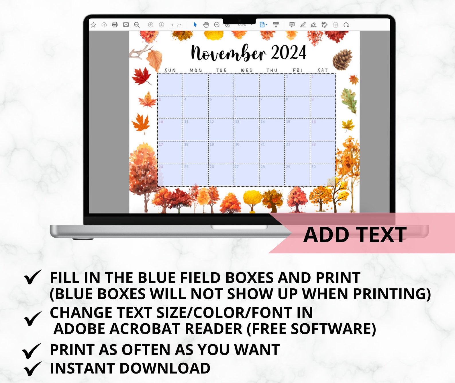 EDITABLE November 2024 Calendar, Printable Fillable Monthly Calendar W ...