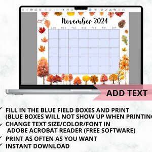 EDITABLE November 2024 Calendar, Printable Fillable Monthly Calendar W ...