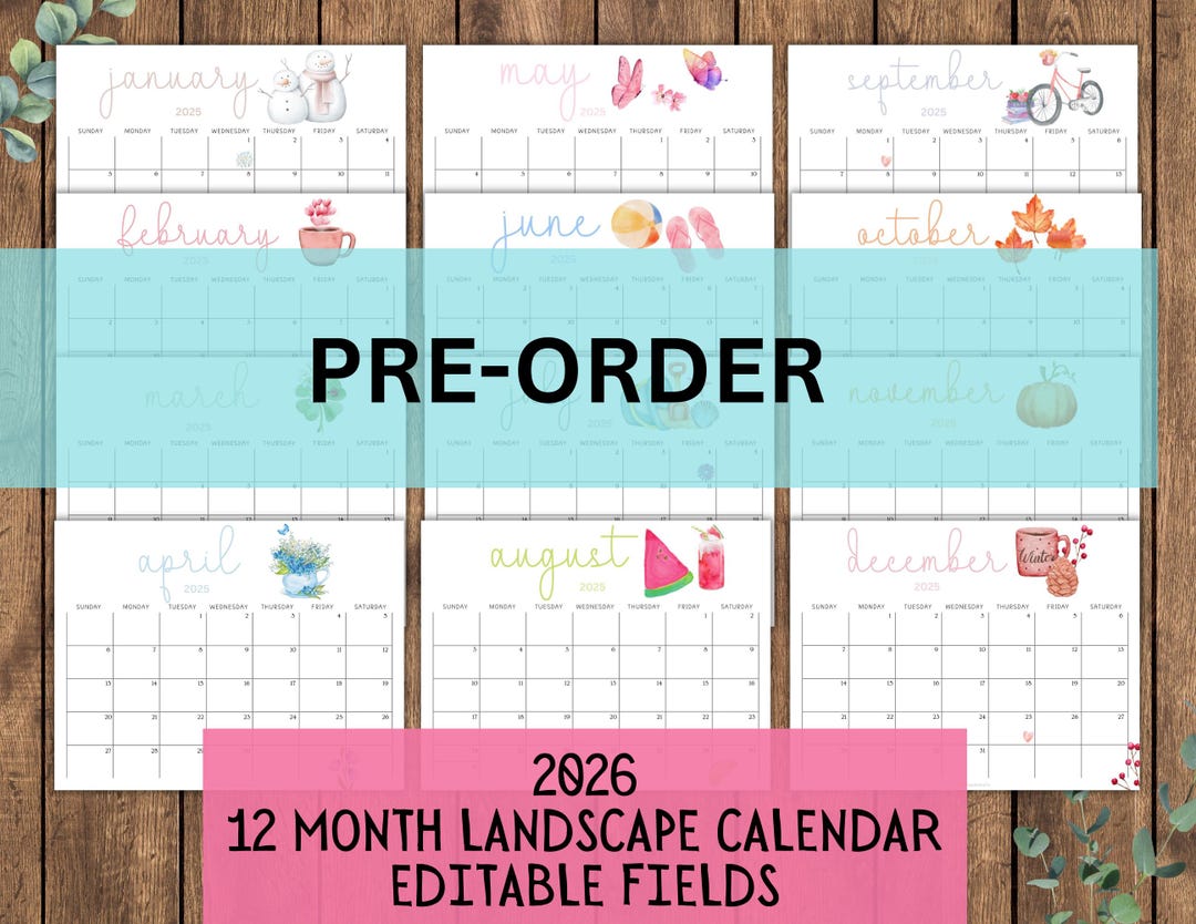 2026 EDITABLE Printable Watercolor Calendar,printable Fillable Monthly ...