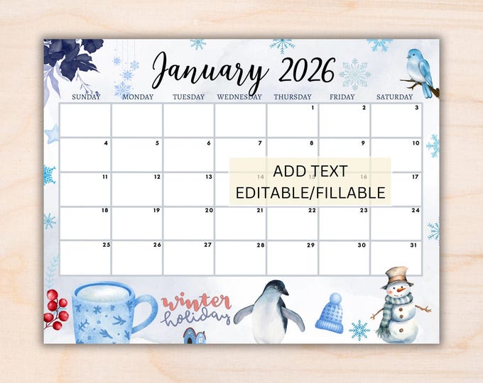 Editable January 2026 Calendar, Cute Winter W/ Cute Snow Man, Monthly ...