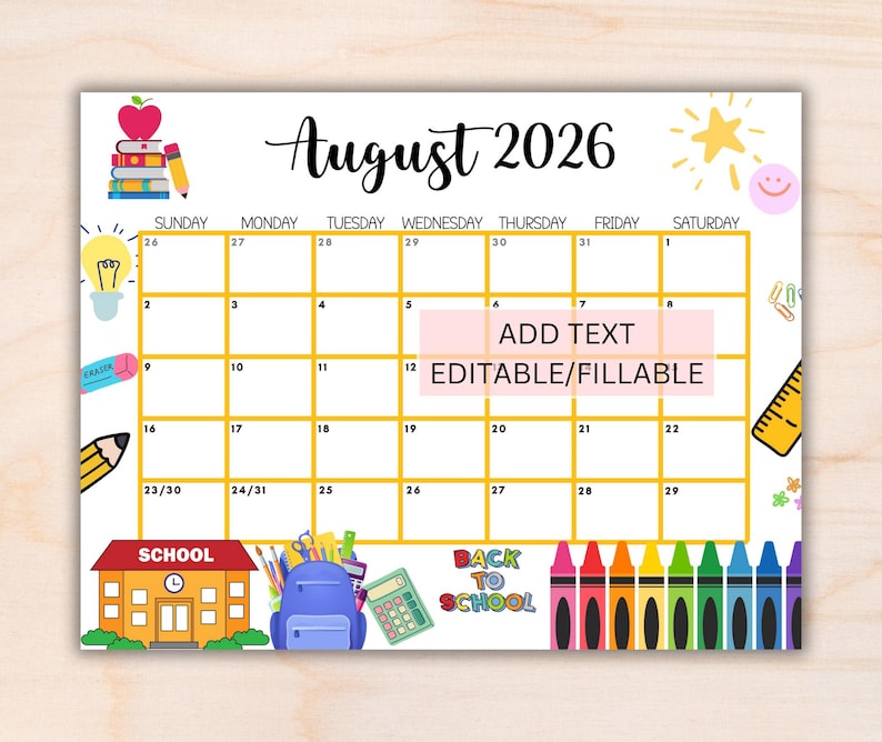 EDITABLE August 2026 Calendar, Printable Monthly Calendar 2026, Back to ...