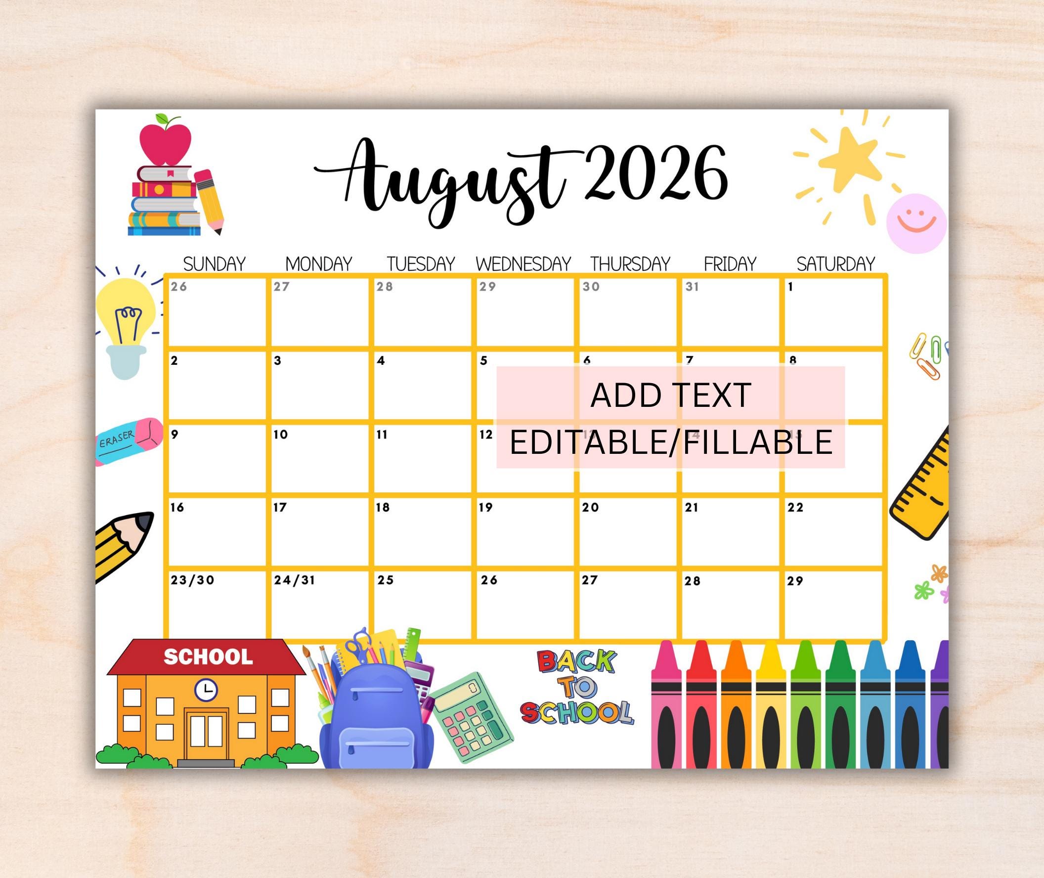 EDITABLE August 2026 Calendar, Printable Monthly Calendar 2026, Back to ...
