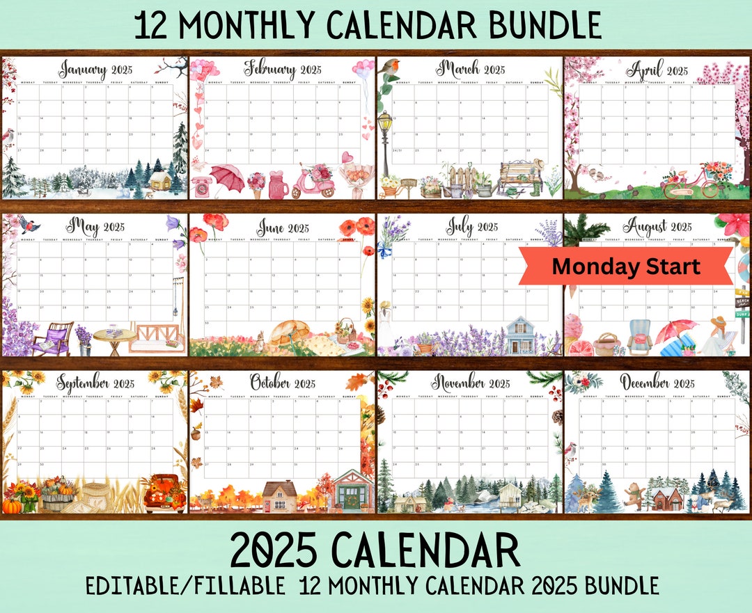 EDITABLE Monthly Calendar 2025 Bundle W/ Monday Start Calendar, Monthly ...