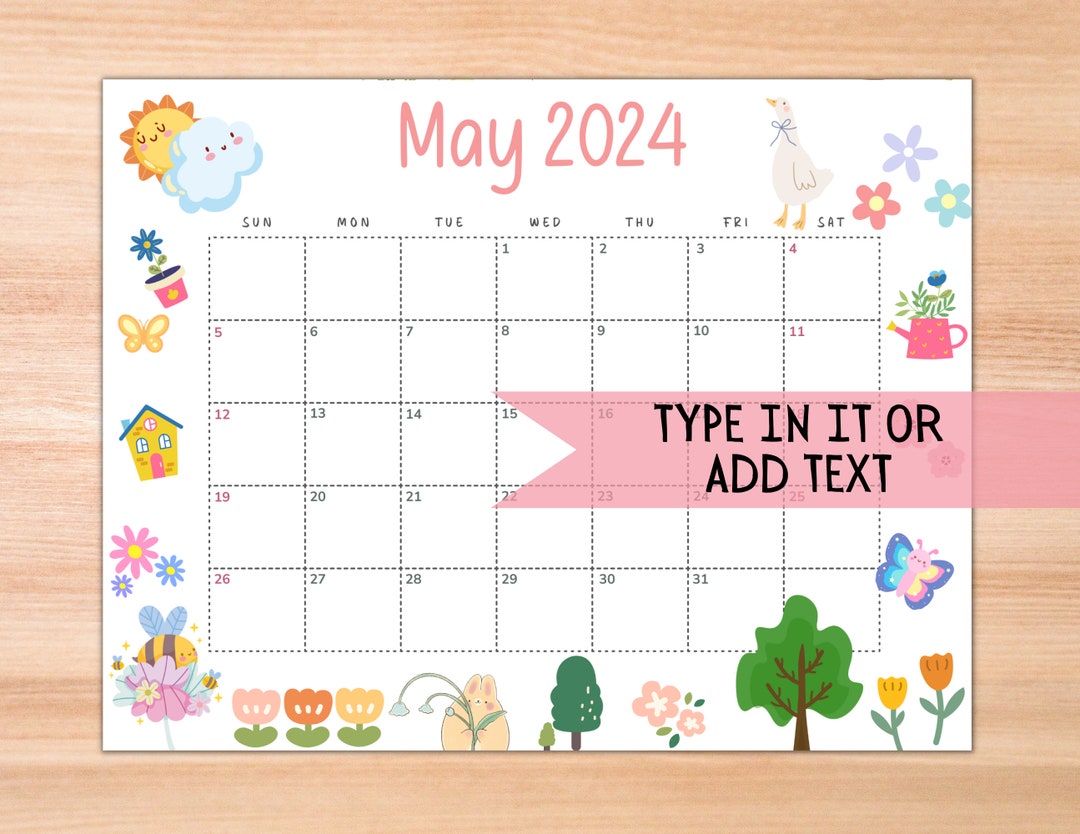 EDITABLE May 2024 Calendar, Printable Wall Calendar 2024, Fillable Cute ...