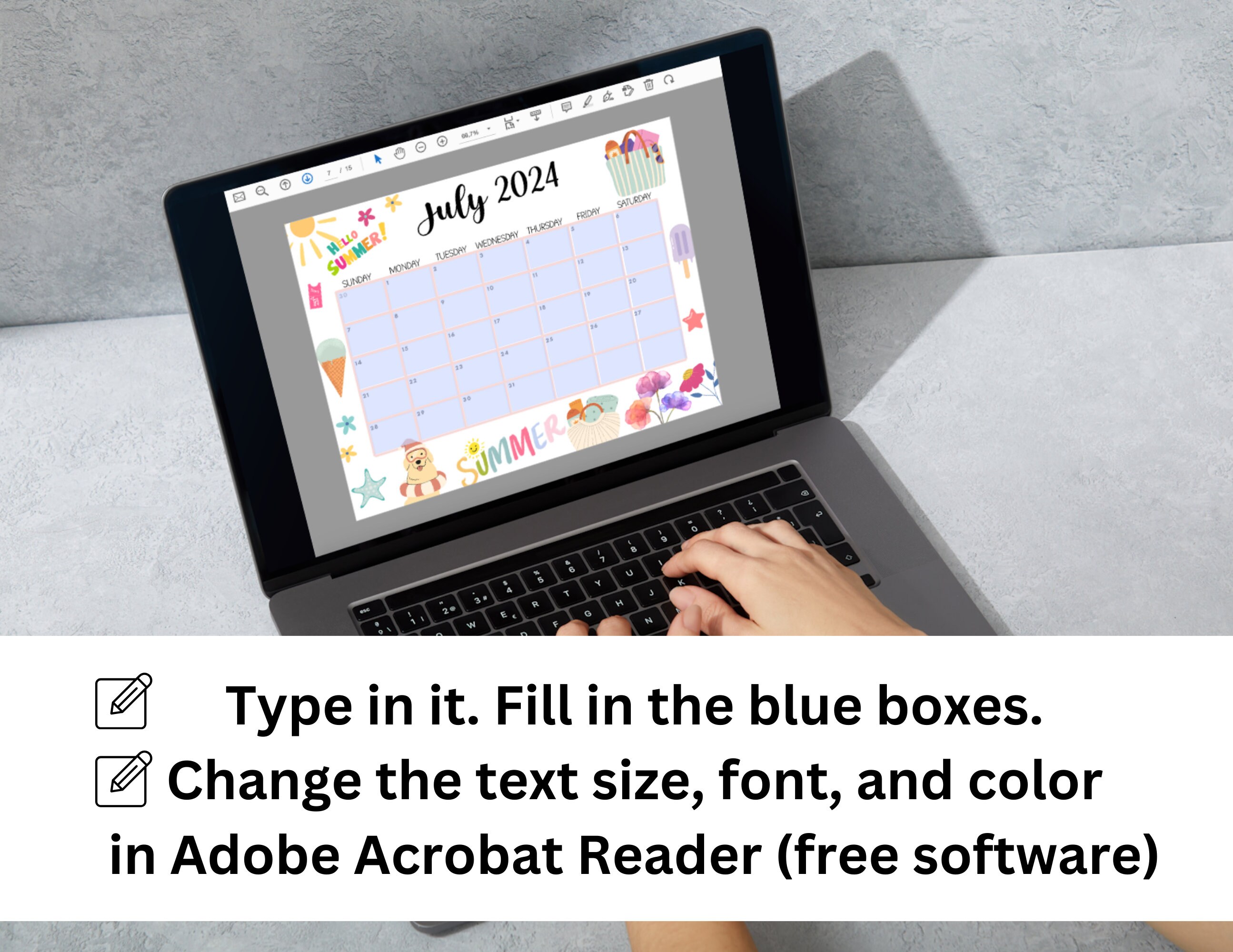 EDITABLE July 2024 Calendar, Printable Wall Calendar 2024, Cute ...