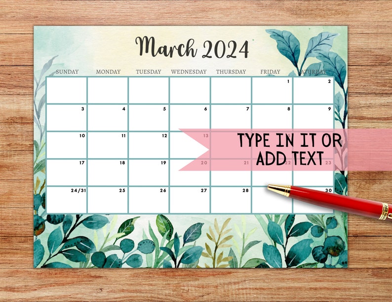 EDITABLE March 2024 Calendar, Printable Fillable Monthly Calendar for ...