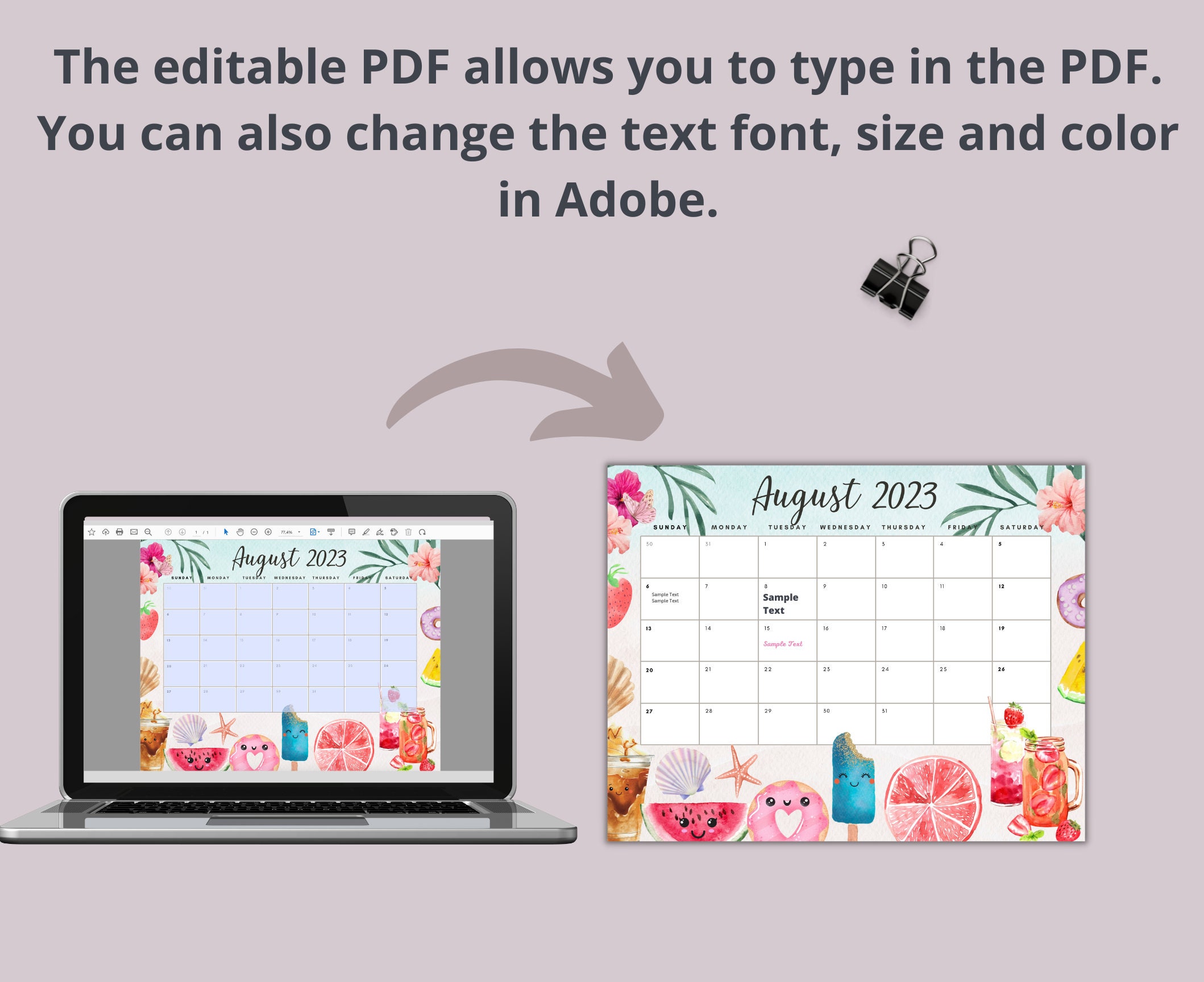 EDITABLE August 2023 Calendar Beautiful Summer Printable - Etsy