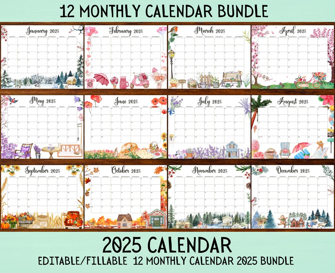 EDITABLE Monthly Calendar 2025 Bundle, Printable Fillable Monthly ...