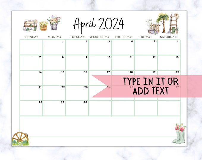 EDITABLE April 2024 Calendar, Printable Fillable Monthly Calendar for ...