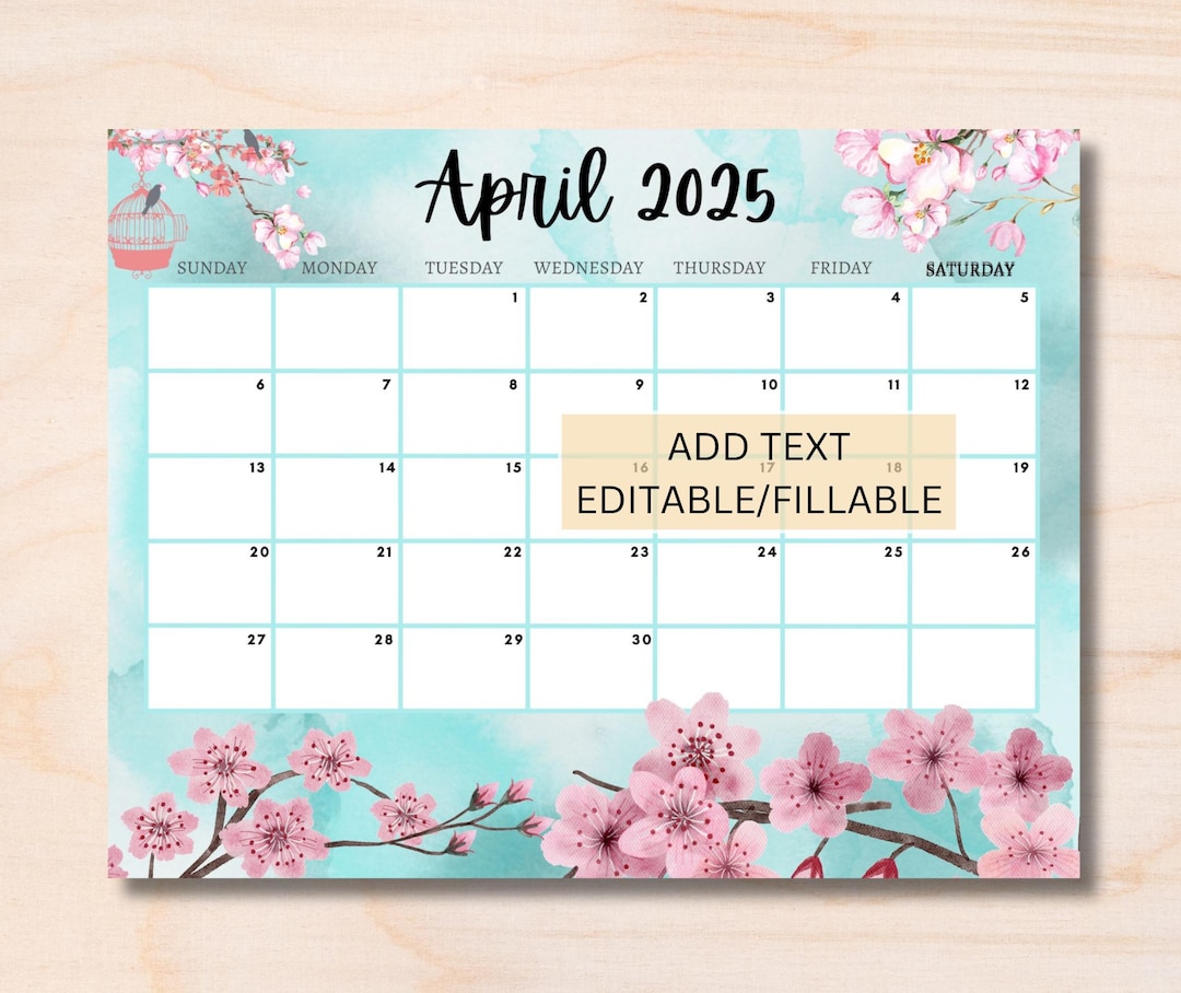 EDITABLE April 2025 Calendar, Printable Monthly Calendar W/ Cherry ...