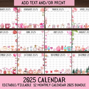 EDITABLE Wall Calendar 2025 Bundle, Pink Calendar W/ Love Hearts Sweets ...