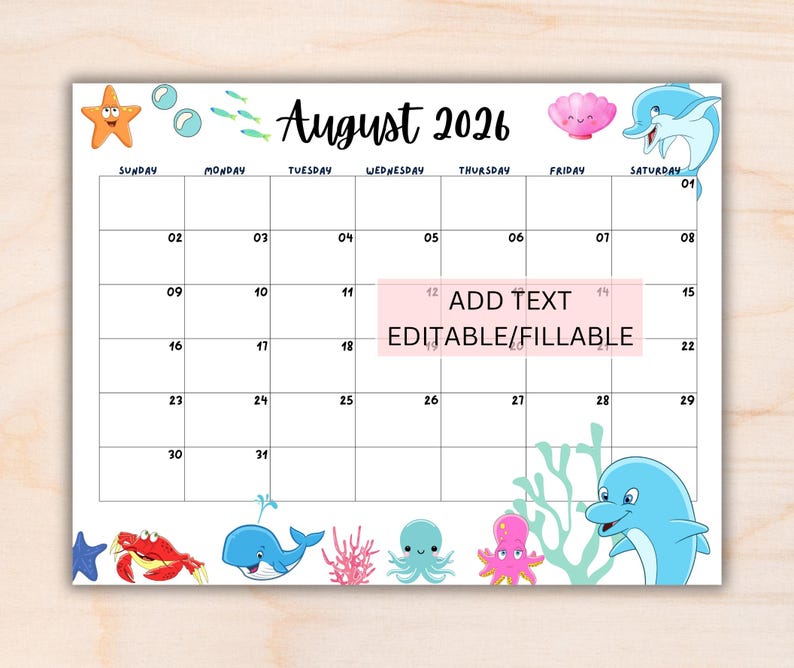 EDITABLE August 2026 Calendar, Printable Fillable Monthly Planner ...