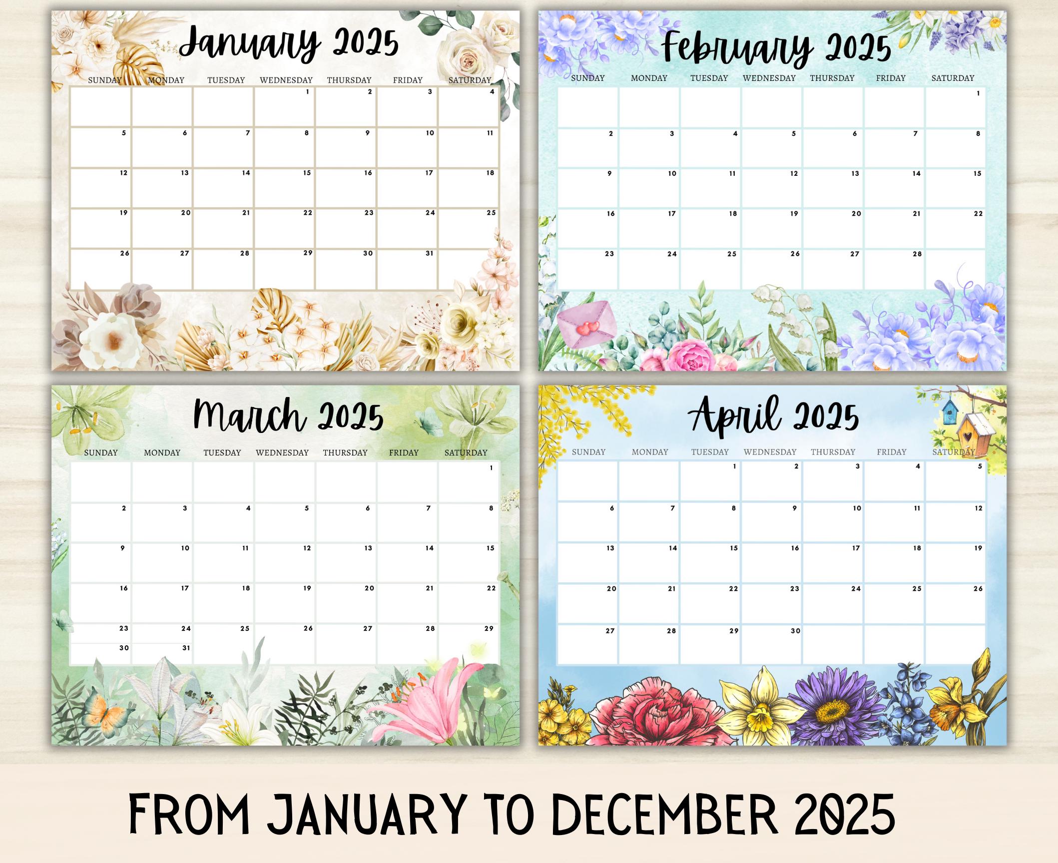EDITABLE Calendar 2025 Bundle Pack W/ Flowers, Floral Calendar, Floral ...
