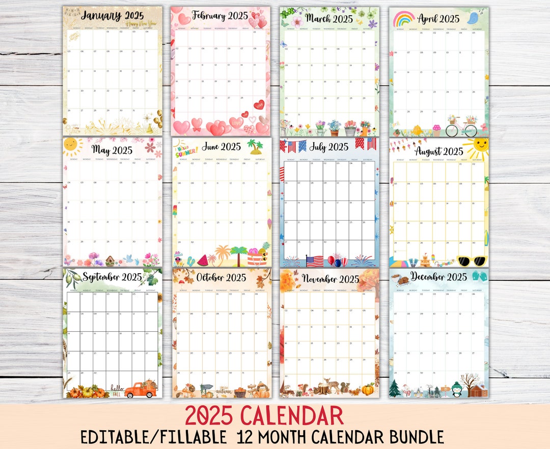 EDITABLE Monthly Calendar 2025 Bundle, Printable Vertical/portrait 2025 ...