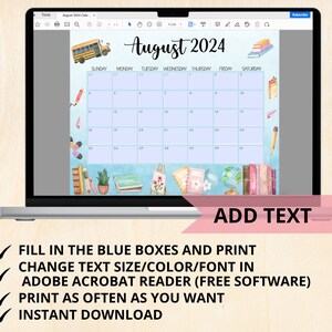 EDITABLE August 2024 Calendar, Printable Monthly Calendar 2024, Back to ...