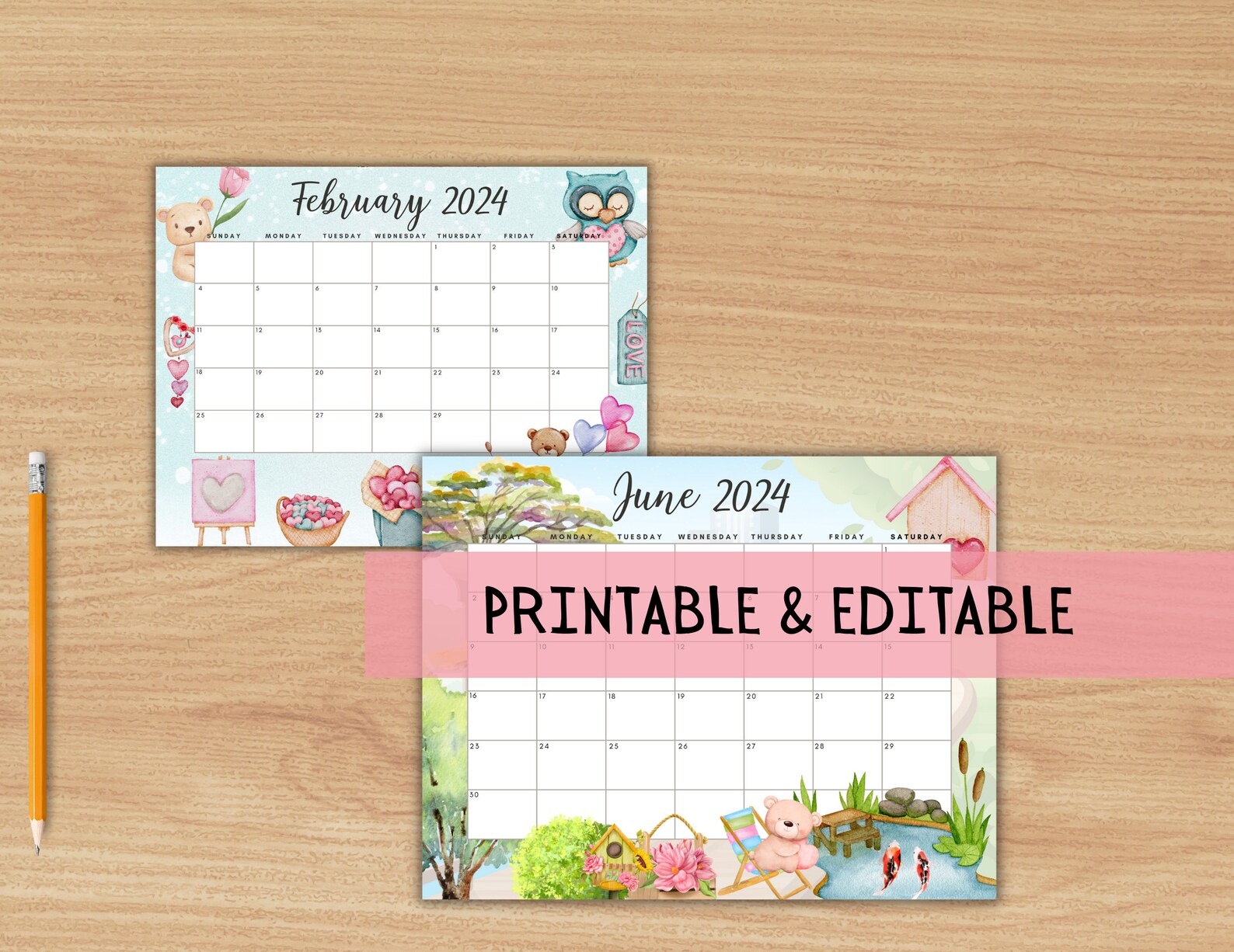 EDITABLE Monthly Calendar 2024 Bundle, Whole Year 2024 Calendar W/ Cute ...