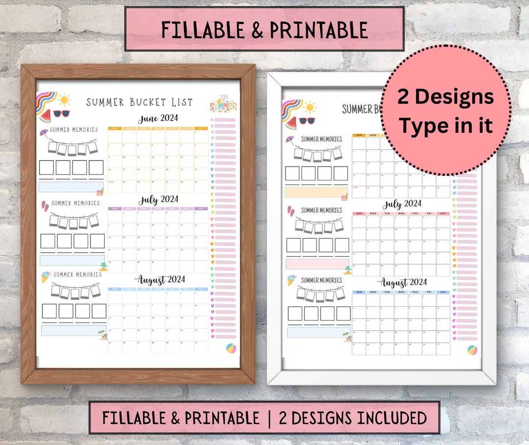 EDITABLE Summer Calendar Poster With Bucket List 3 Months To-do Planner ...