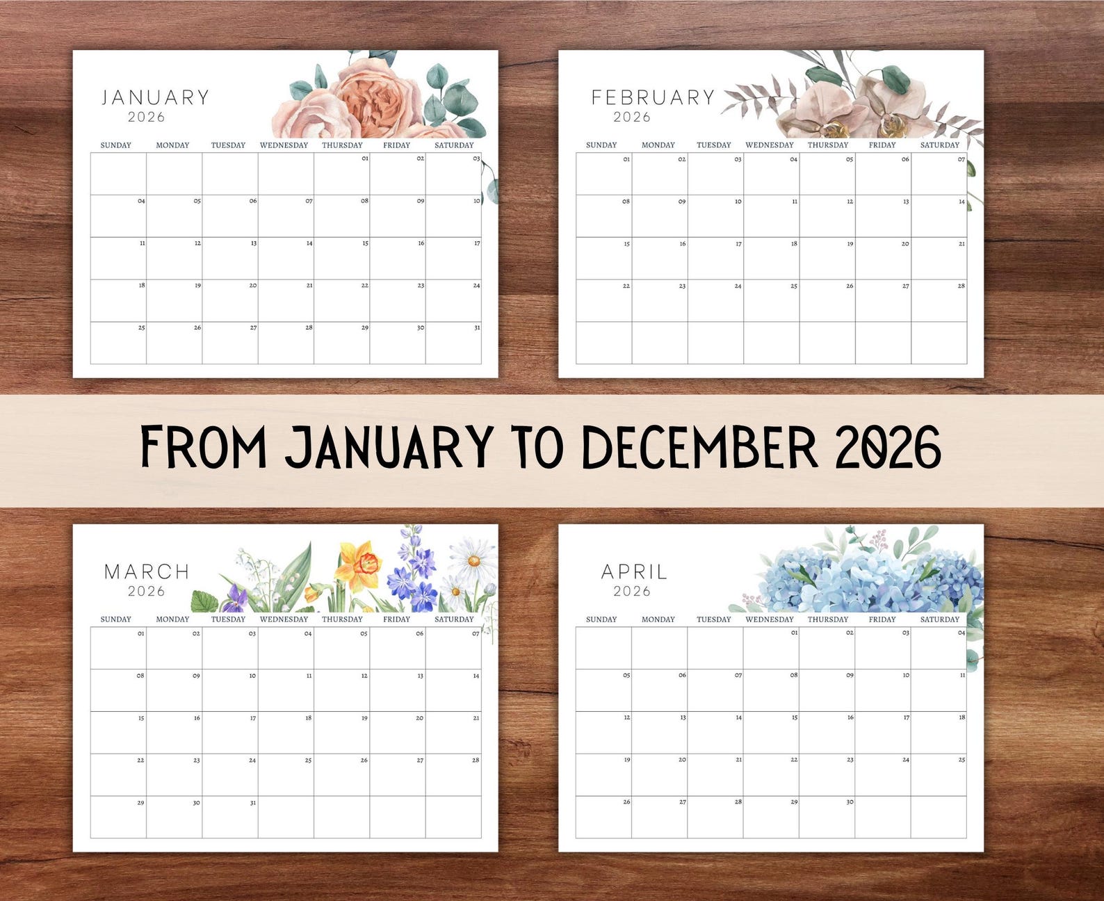 EDITABLE Floral Calendar 2026 Bundle, Editable PDF Calendar, Watercolor ...