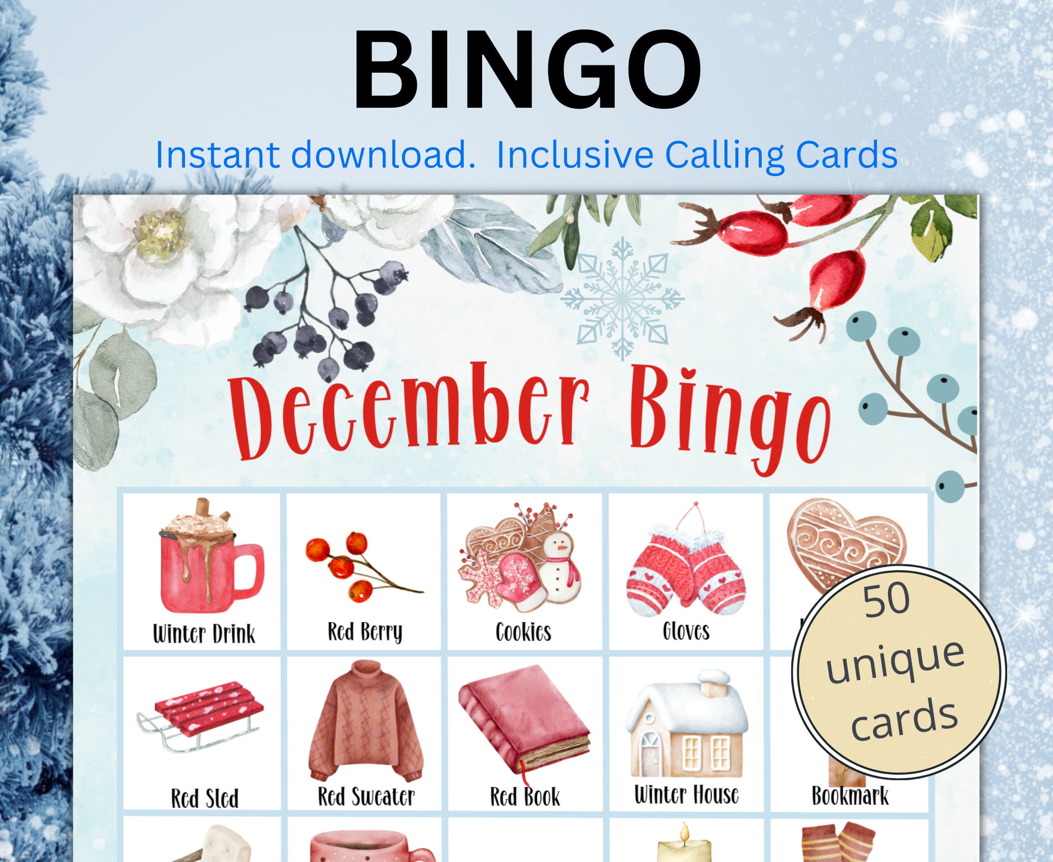 PRINTABLE December Bingo Game With 50 Unique Bingo Cards - Etsy