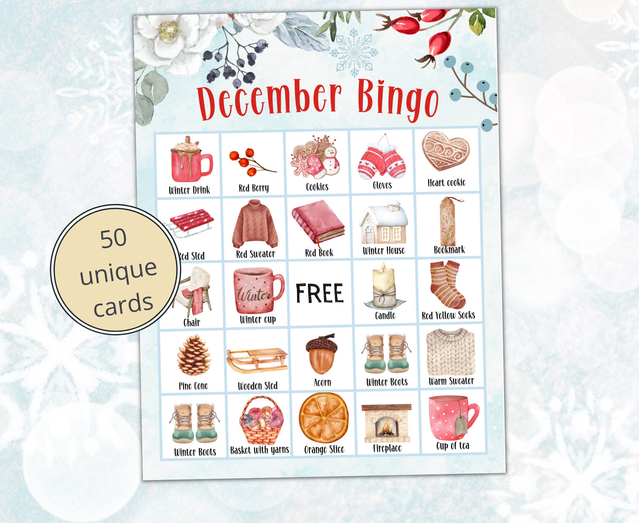 PRINTABLE December Bingo Game With 50 Unique Bingo Cards - Etsy
