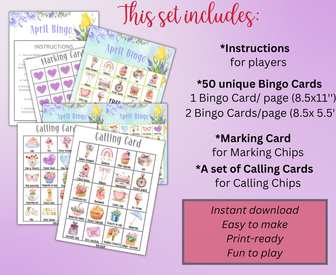 PRINTABLE April Easter Bingo Game With 50 Unique Bingo Cards, Bingo ...