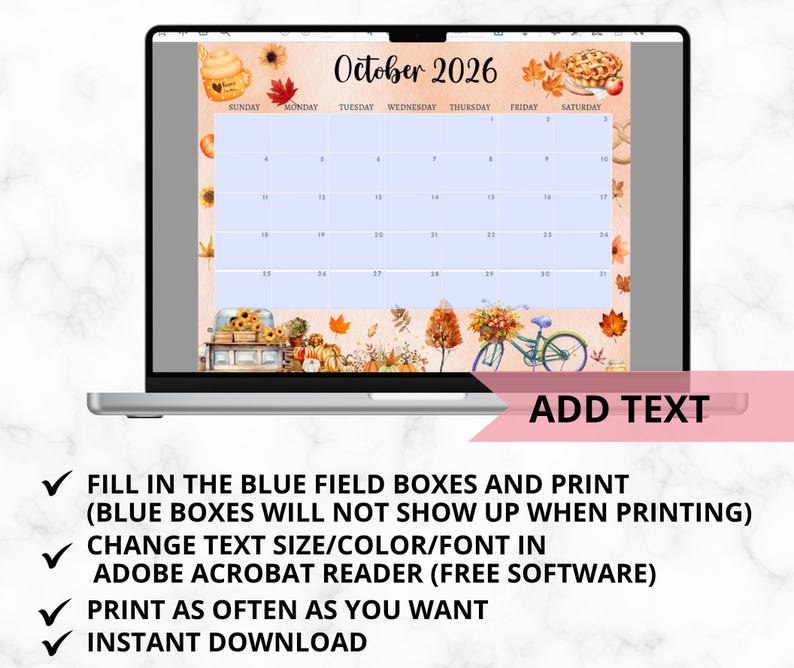 EDITABLE October 2026 Calendar, Printable Monthly Calendar 2026, Cute ...