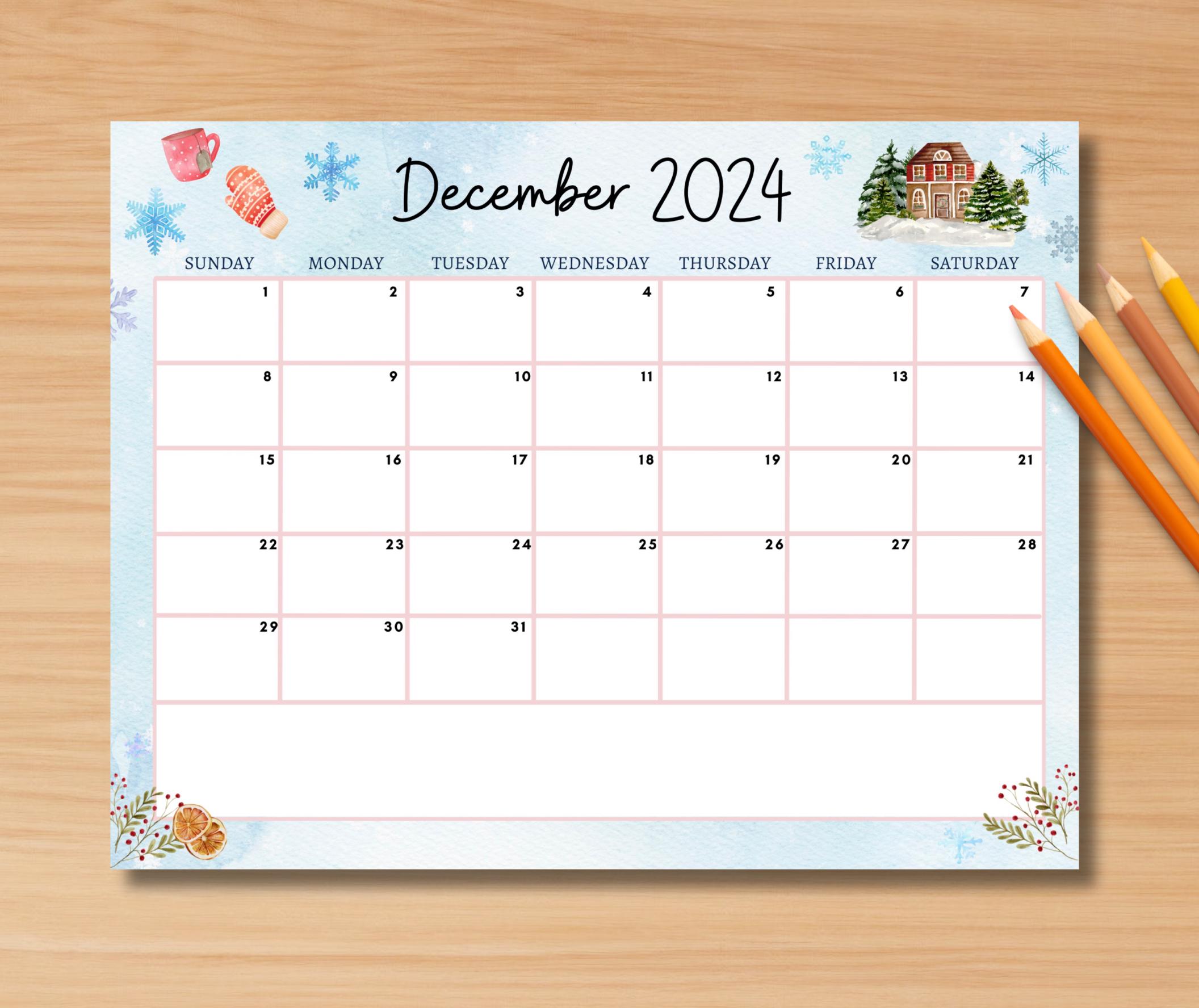 EDITABLE December 2024 Calendar, Printable Monthly Calendar Winter ...