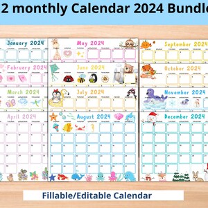 EDITABLE Monthly Calendar 2024 Bundle, Cute Whole Year 2024 Calendar ...