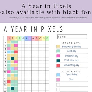 A Year in Pixels Editable & Printable PDF | Yearly Mood Tracker ...