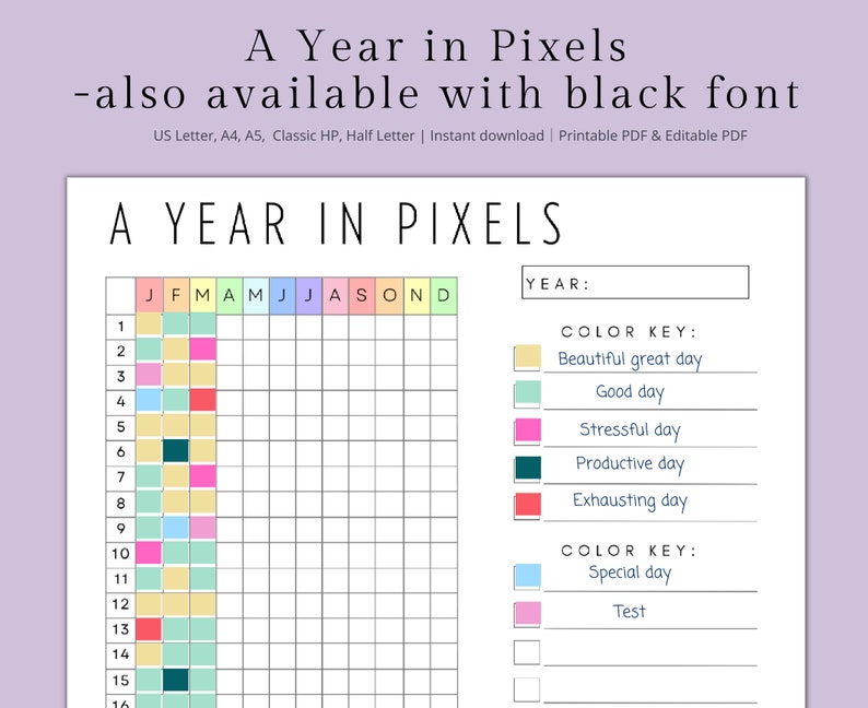 A Year in Pixels Editable & Printable PDF | Yearly Mood Tracker ...