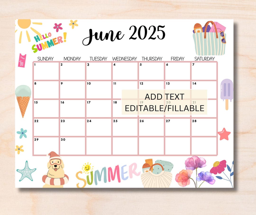 EDITABLE June 2025 Calendar, Cute Summer 2025 Planner PDF, Cute ...