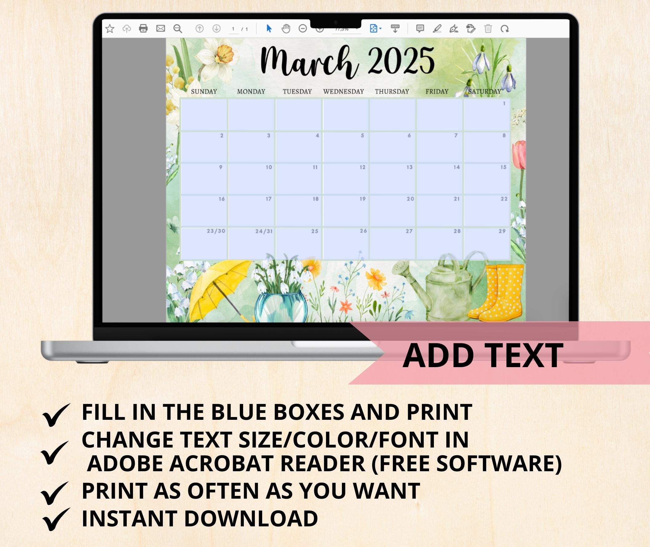 EDITABLE March 2025 Calendar, Printable Fillable Monthly Calendar for ...