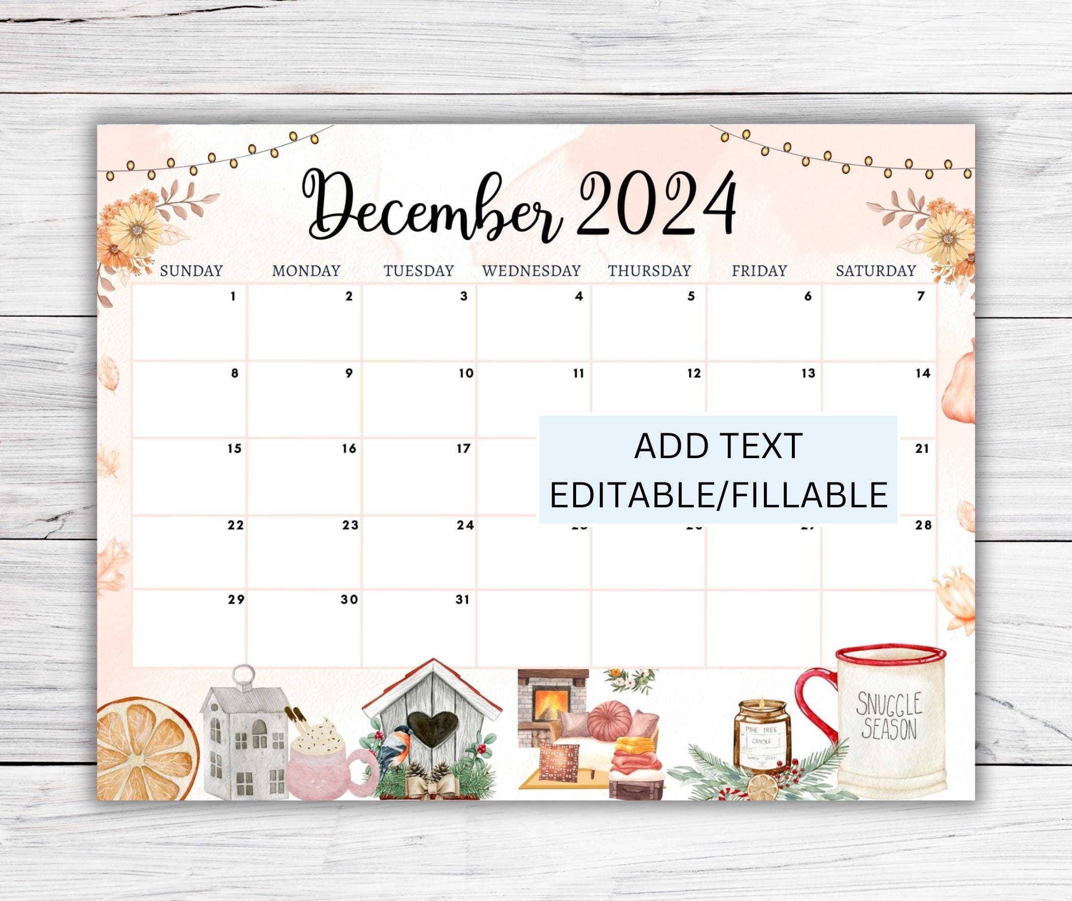 EDITABLE December 2024 Calendar, Printable Wall Calendar 2024, Calendar ...