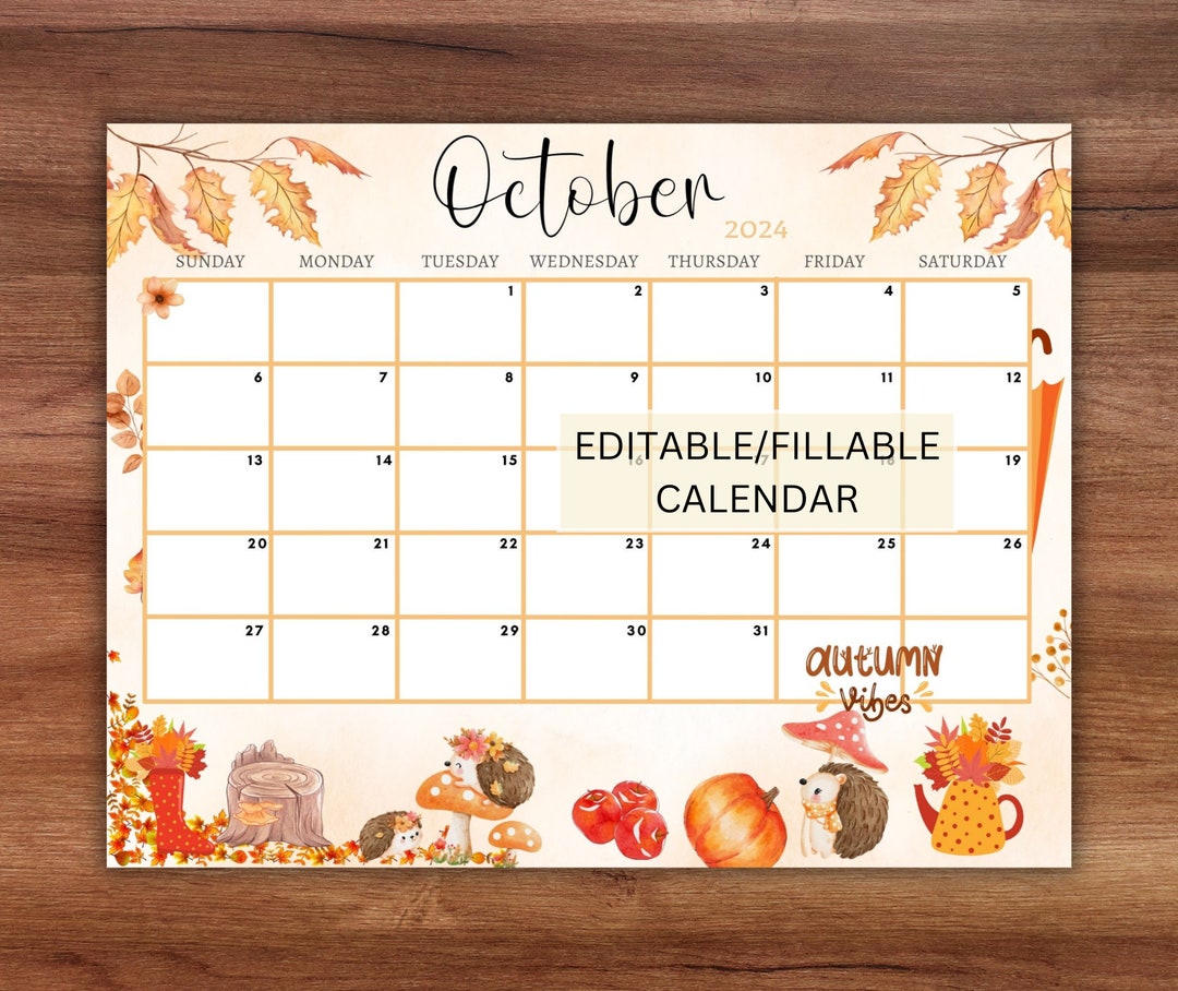 EDITABLE October 2024 Calendar, Beautiful Fall Calendar, Digital ...