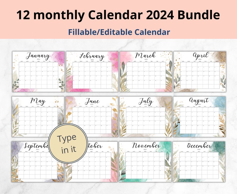 EDITABLE 2024 Calendar Printable Fillable 2024 Monthly Calendar Bundle ...