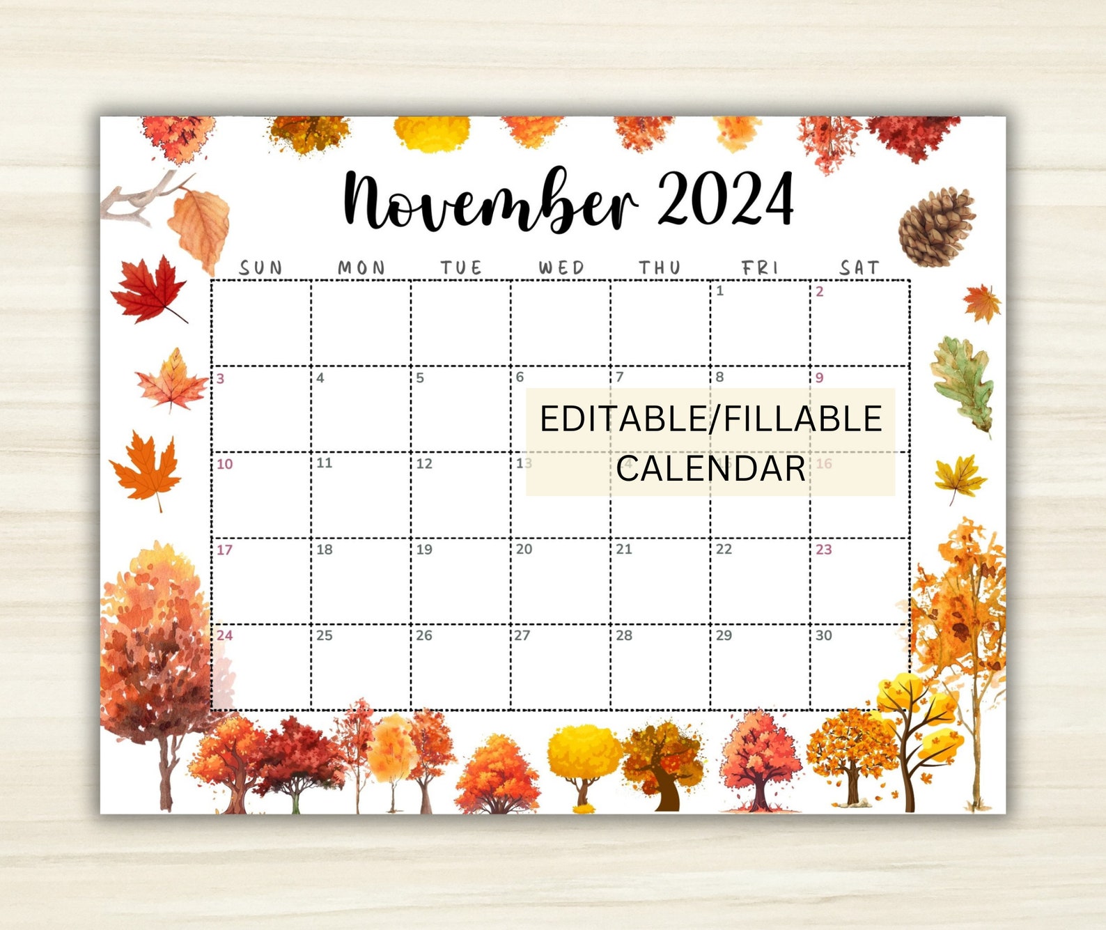 EDITABLE November 2024 Calendar, Printable Fillable Monthly Calendar W ...
