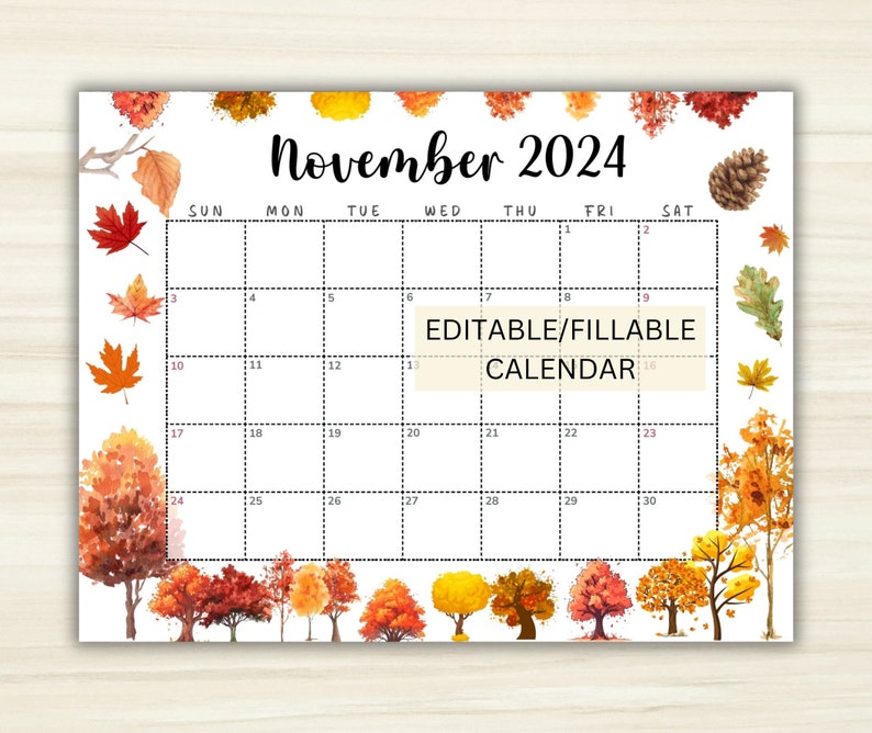 EDITABLE November 2024 Calendar, Printable Fillable Monthly Calendar W ...
