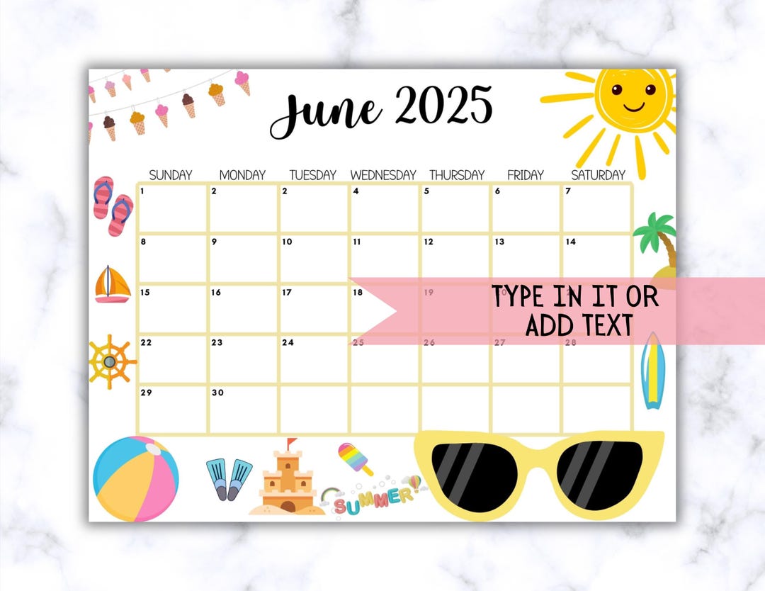 EDITABLE June 2025 Calendar, Printable Wall Calendar 2025, Cute ...