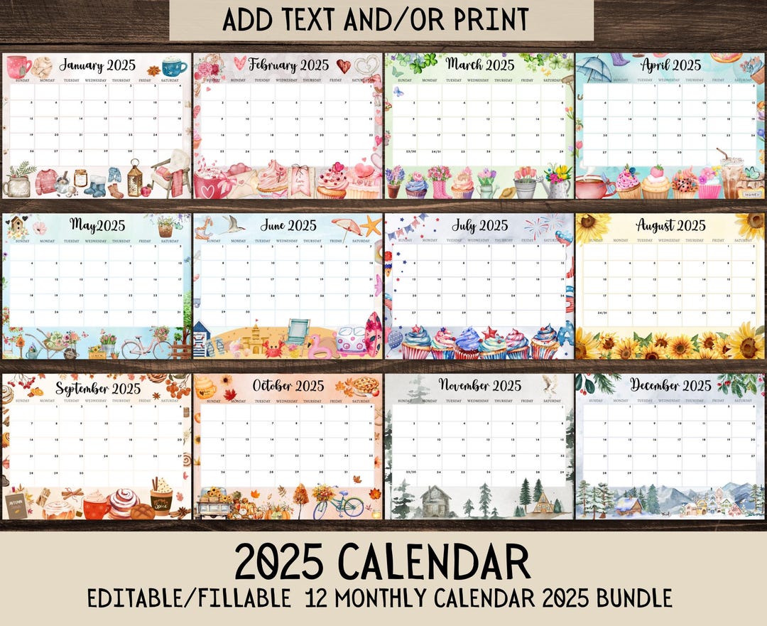 EDITABLE Monthly Calendar 2025 Bundle, Cute Printable Fillable Monthly ...