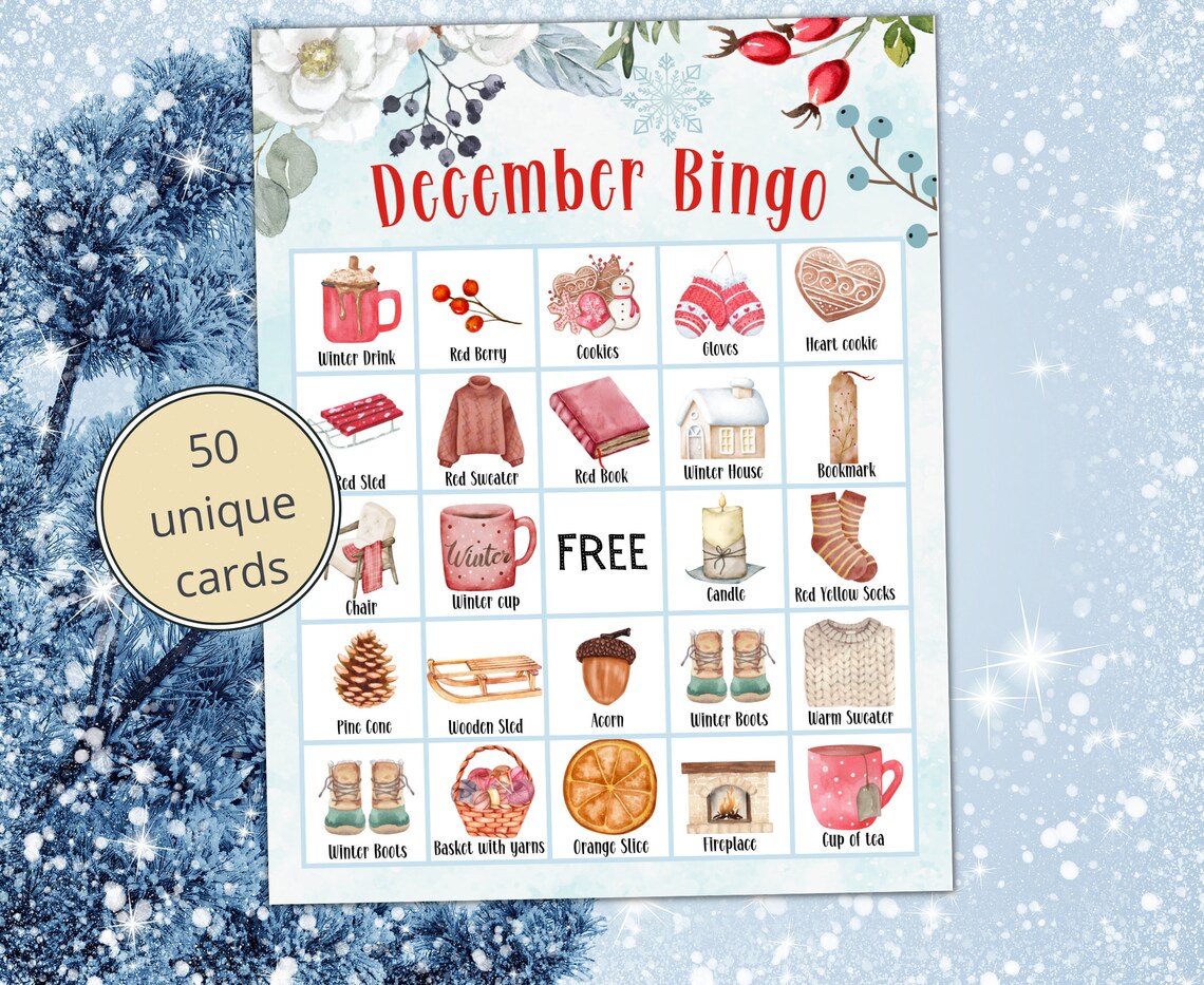 PRINTABLE December Bingo Game With 50 Unique Bingo Cards - Etsy