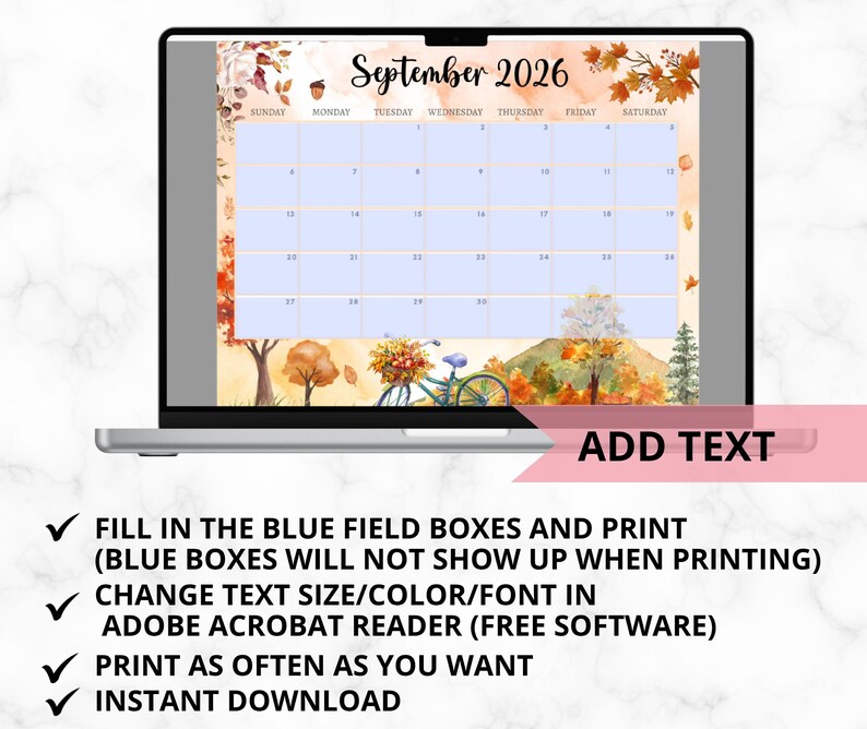 EDITABLE September 2026 Calendar, Printable Monthly Calendar for ...