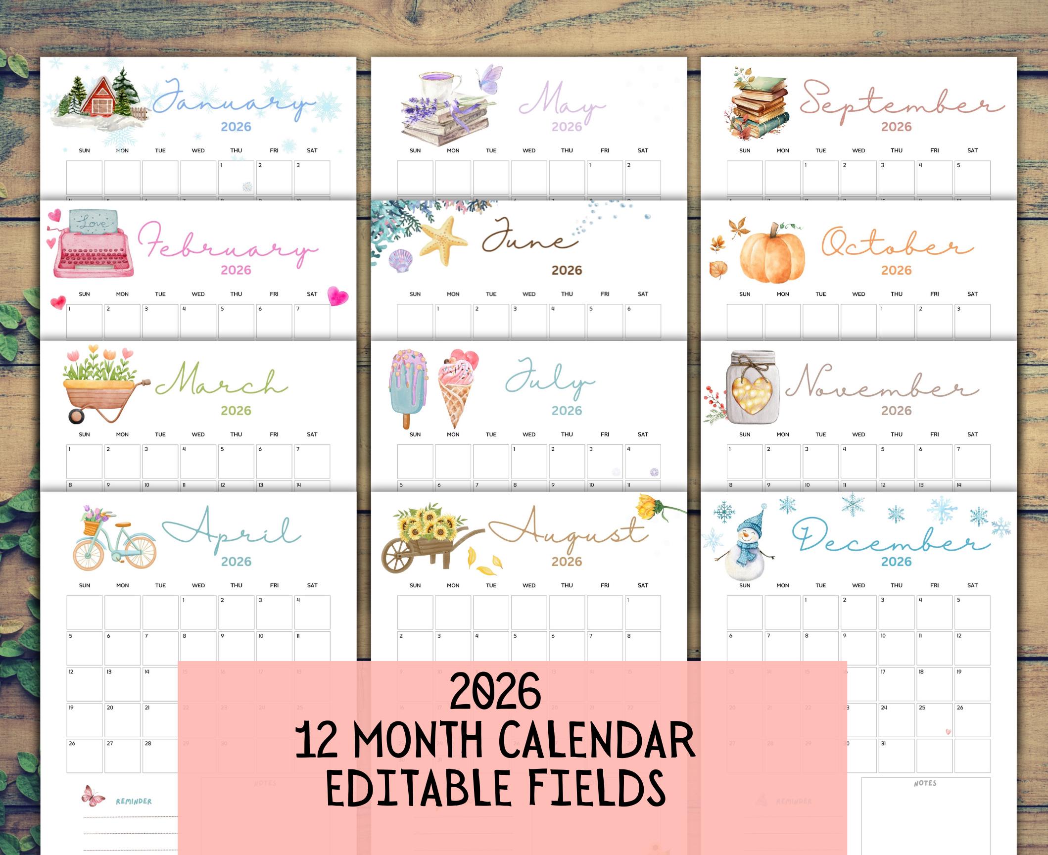 2026 EDITABLE Printable Watercolor Calendar,printable Fillable Monthly ...