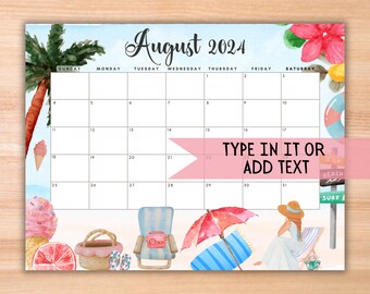 EDITABLE August 2024 Calendar, Printable Fillable Monthly Planner ...