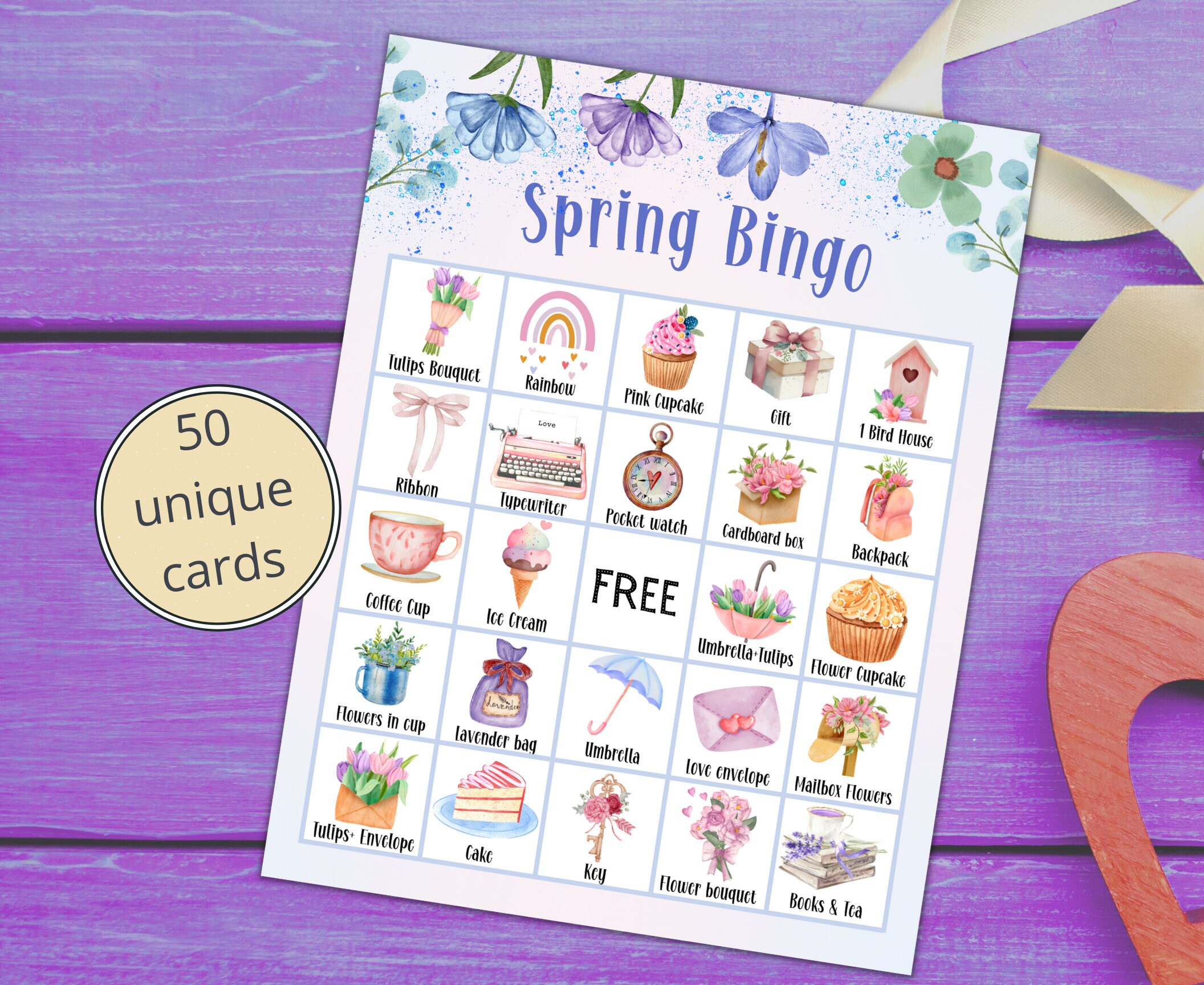 PRINTABLE SPRING Bingo Game With 50 Unique Bingo Cards, Bing Game ...