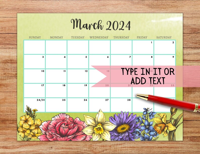 EDITABLE March 2024 Calendar, Printable Fillable Monthly Calendar for ...