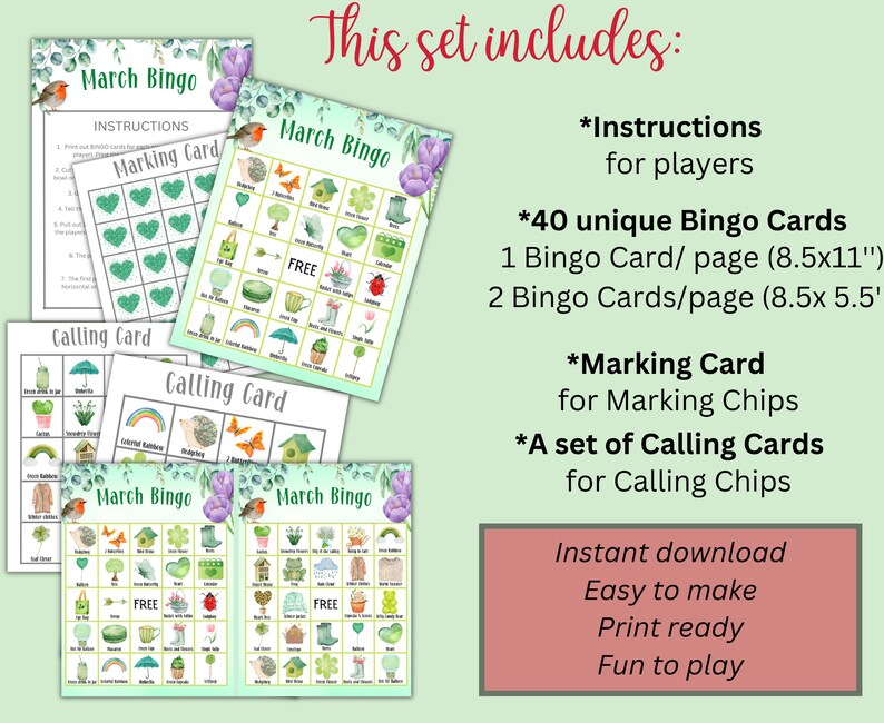PRINTABLE MARCH Bingo Game With 40 Unique Bingo Cards, Bing Game ...